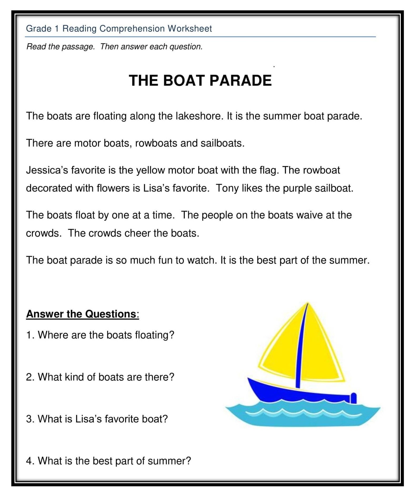 Free Printable Reading Comprehension Worksheets For 1St Grade