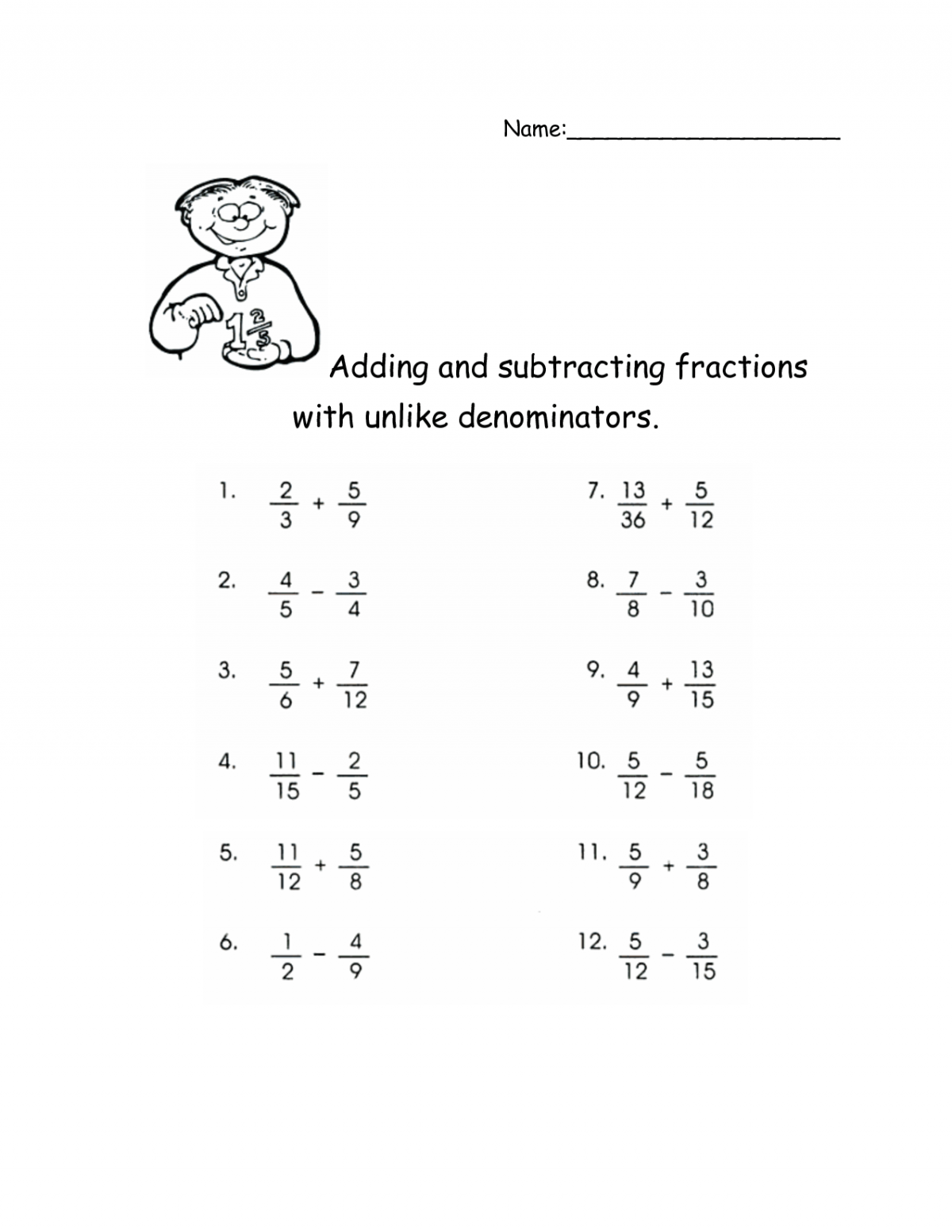 Add And Subtract Fractions Worksheet