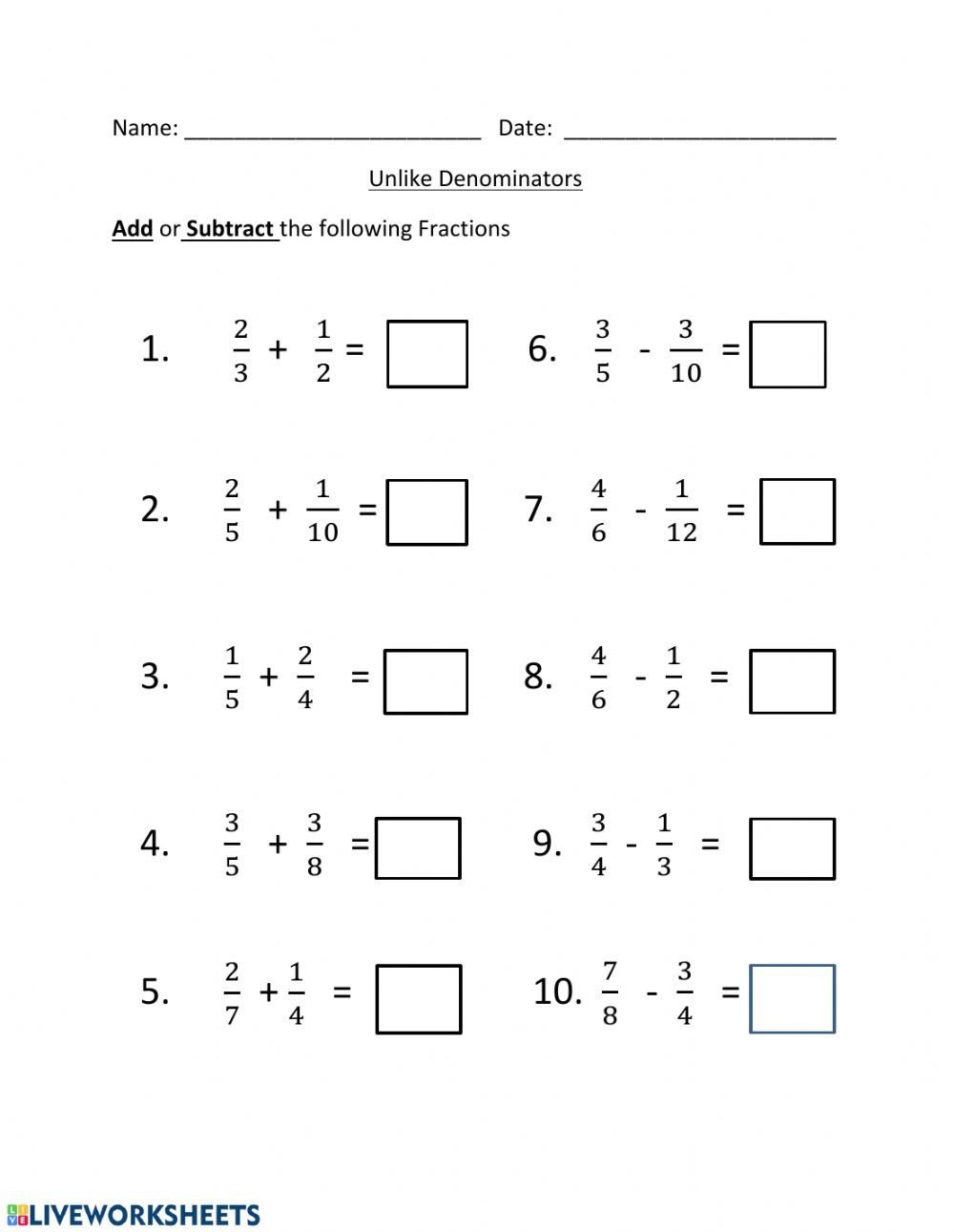 Addition Of Unlike Fractions Worksheets Worksheet Hero
