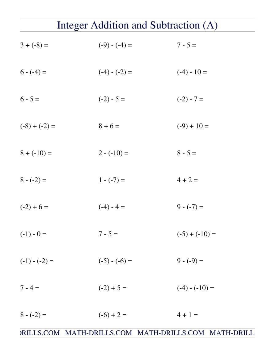 Integer Addition And Subtraction Worksheets Worksheet Hero
