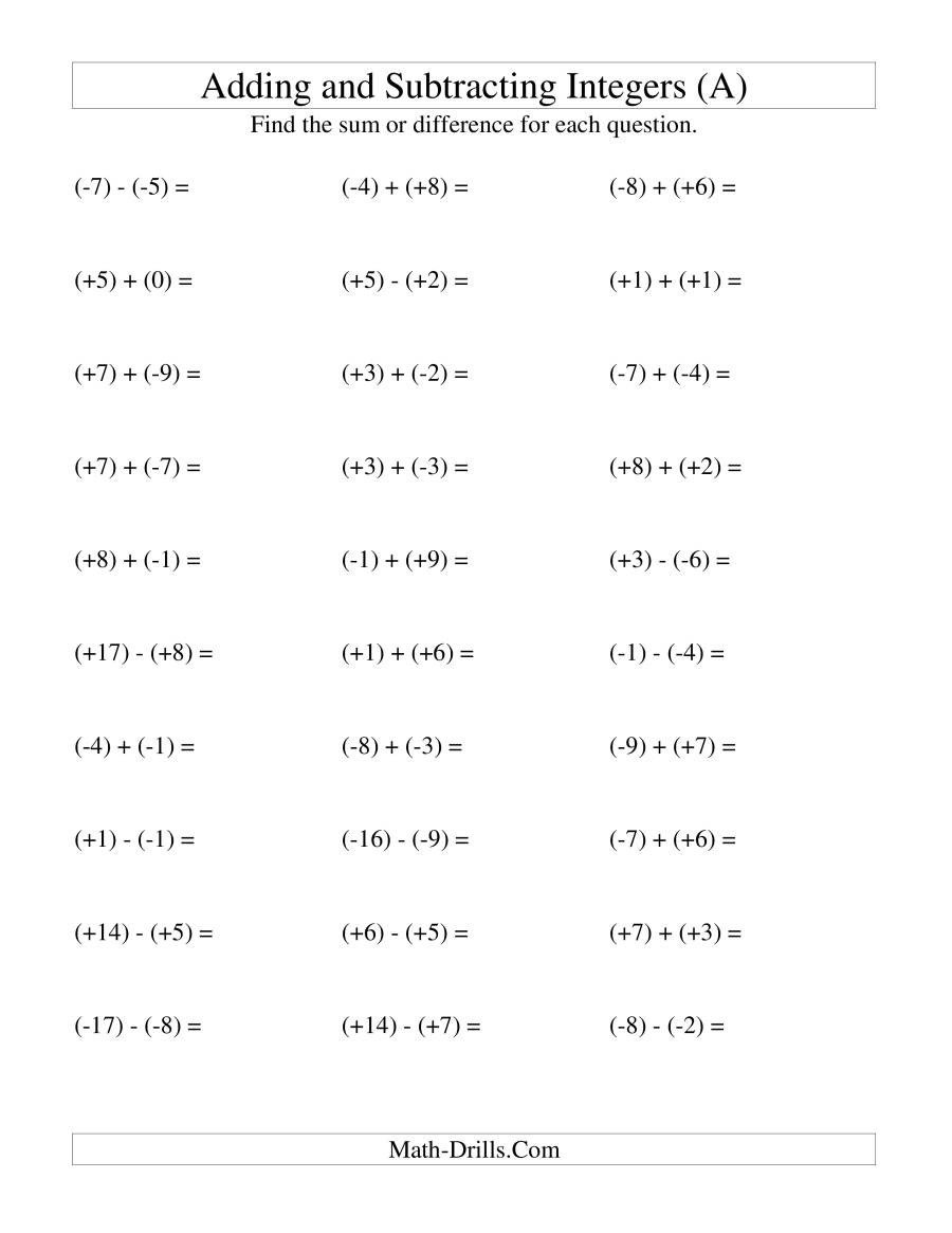 Integers Addition And Subtraction Worksheets Worksheet Hero