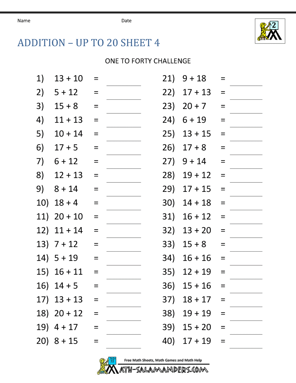 Learning Addition Facts To 1212 Math Addition Facts To 20 2nd Grade 
