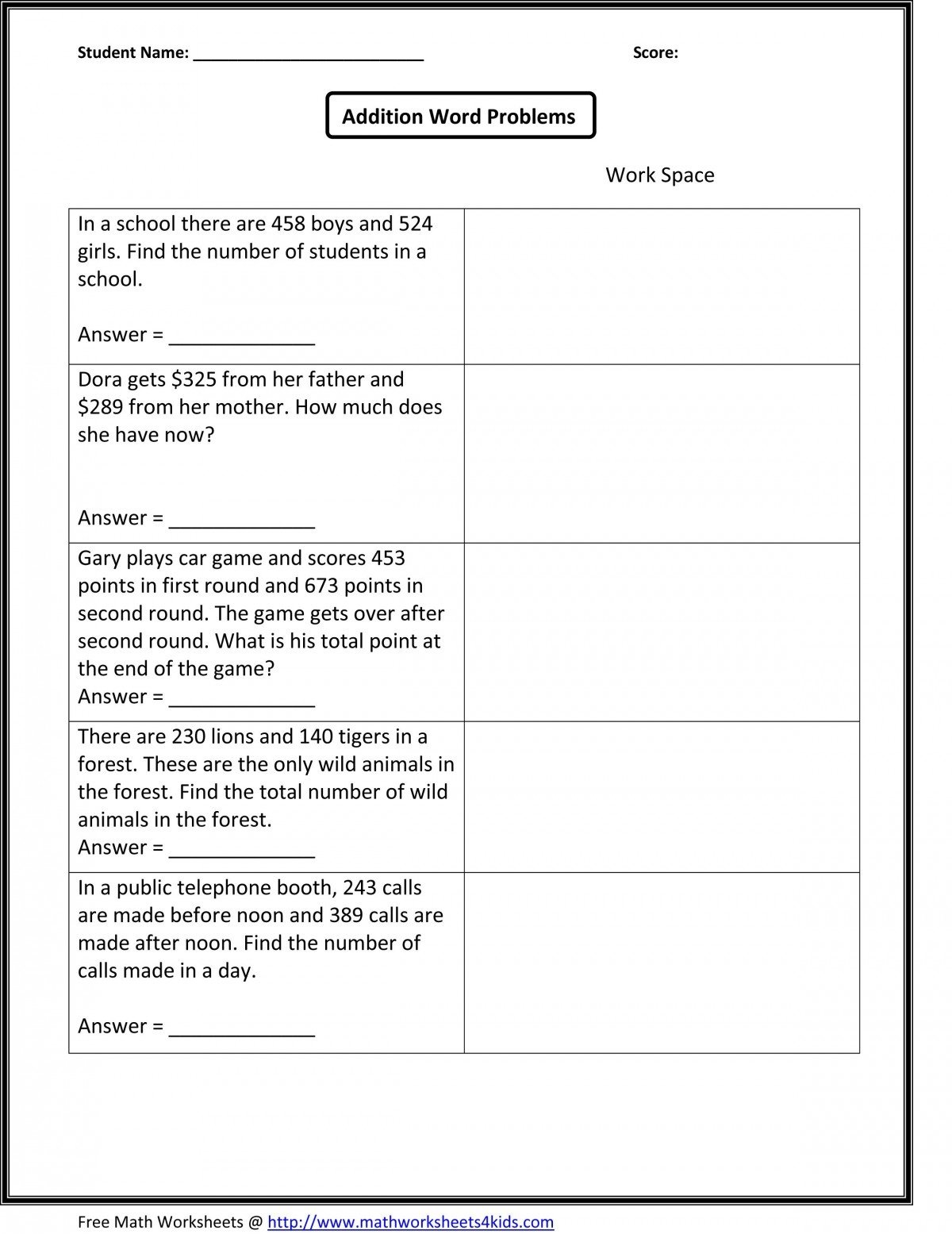 Addition Word Problems For 3rd Grade Worksheets Worksheet Hero