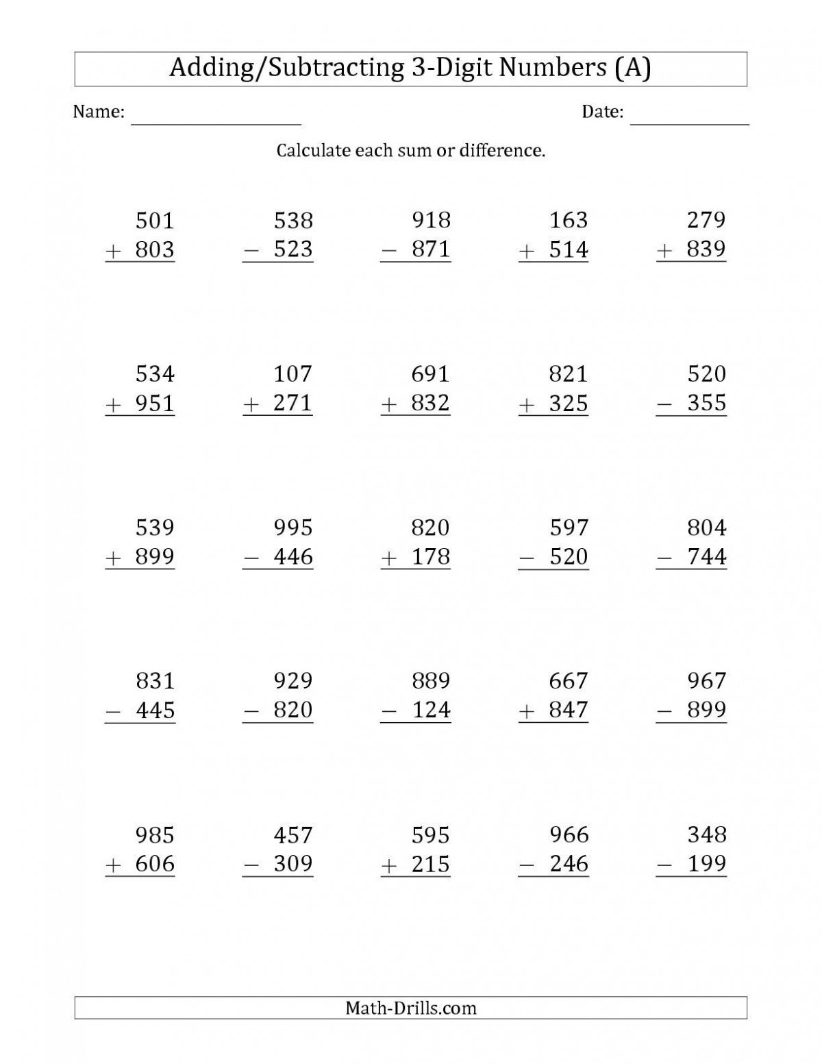 3 Digits Addition And Subtraction Worksheets Worksheet Hero