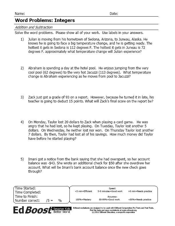 Integer Addition And Subtraction Word Problems Worksheets Worksheet Hero