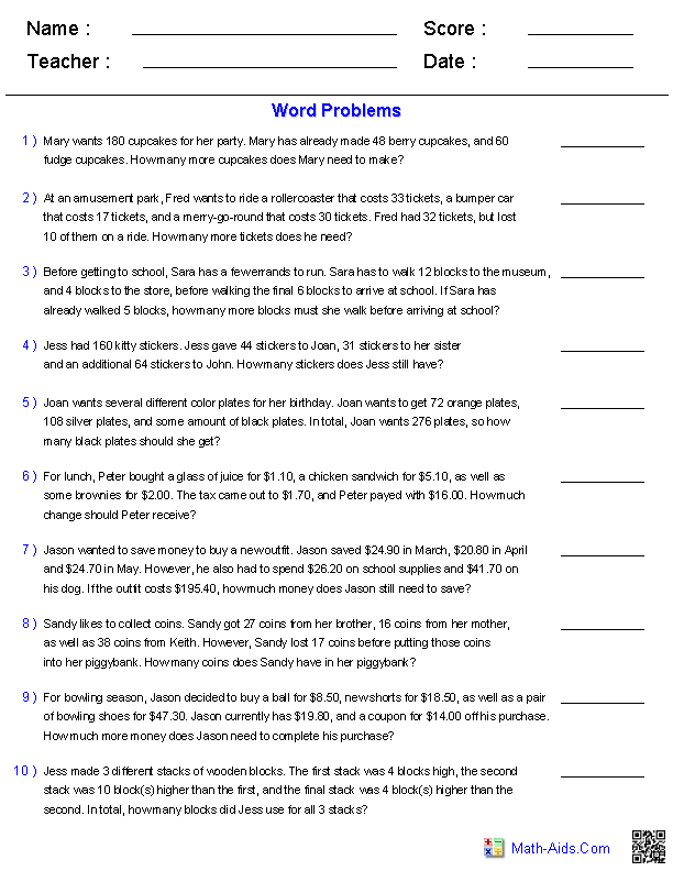 Multi Step Addition And Subtraction Word Problems Worksheets